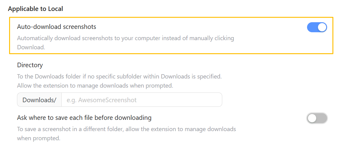 How to turn on or turn off "Auto-download screenshots" in the Awesome Screenshot extension for ...